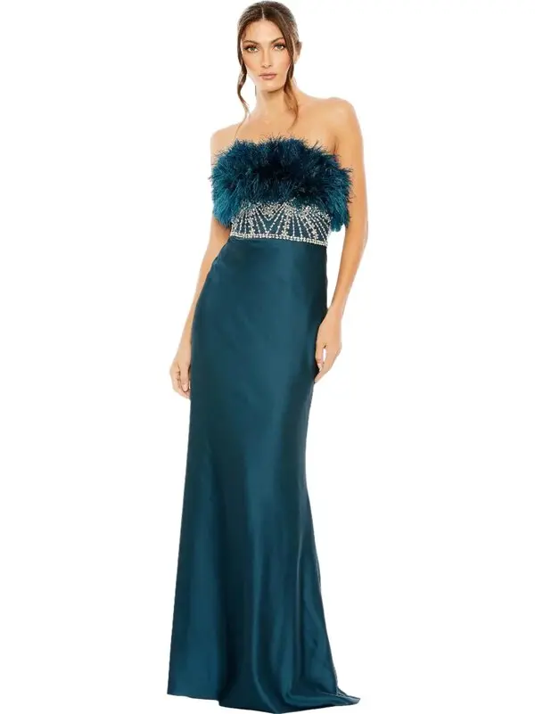 Mac Duggal Strapless Feather Rhinestone Detailed Gown - Teal