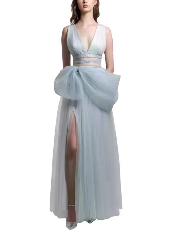 GEMY MAALOUF Maxi Dress With Embellished Waist And Bow - Blue