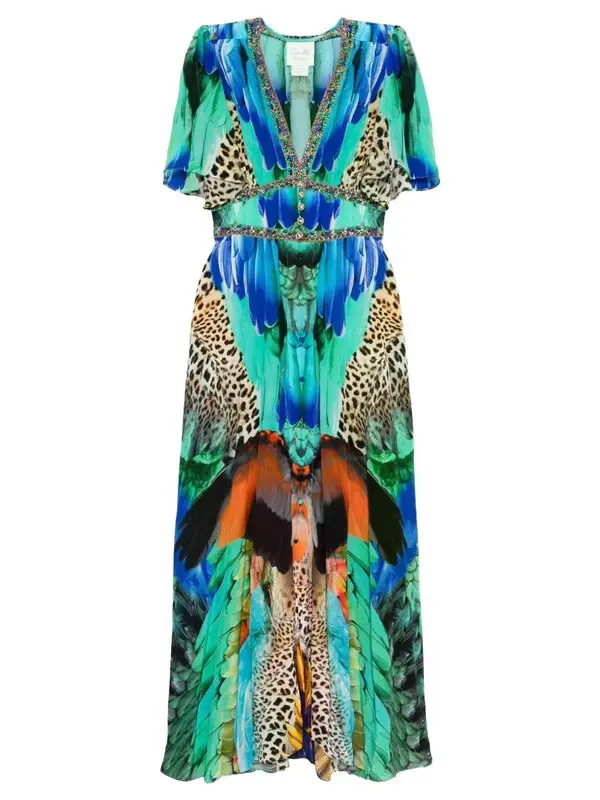 Camilla Shaped Waistband Dress With Flutter Sleeves - Green
