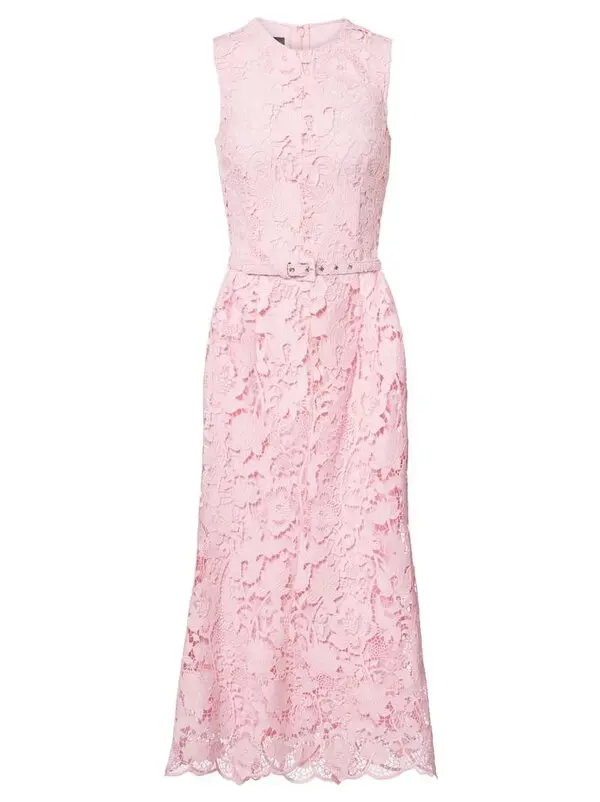 Monique Lhuillier Floral Lace Belted Midi Dress - Pink