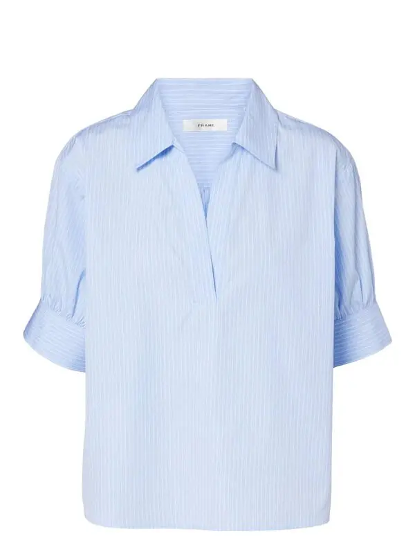 FRAME Popover Striped Cotton Poplin Top - Blue