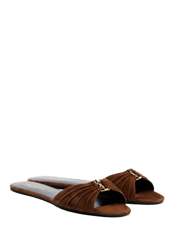 Saint Laurent Cassandre Suede Slides - Brown