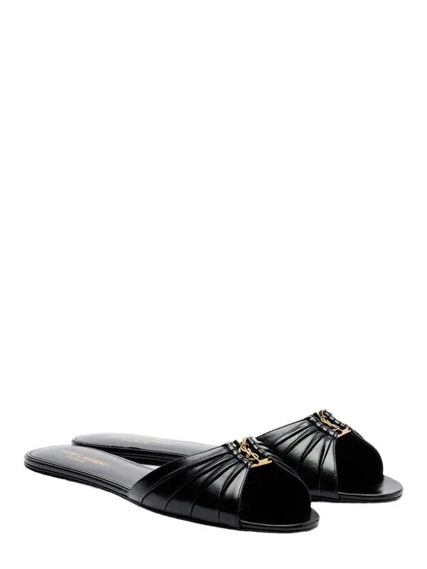 Saint Laurent Cassandre Leather Slides - Black