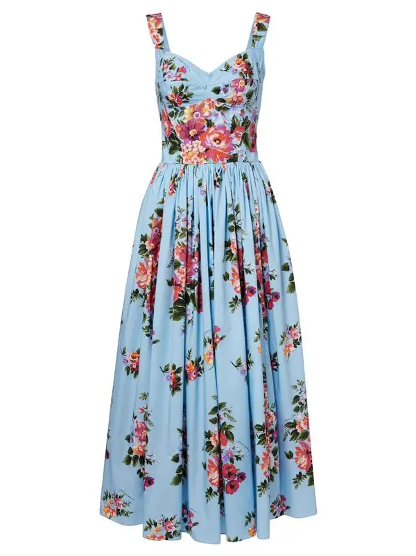 Dolce & Gabbana Floral Cotton Bustier Midi Dress - Blue