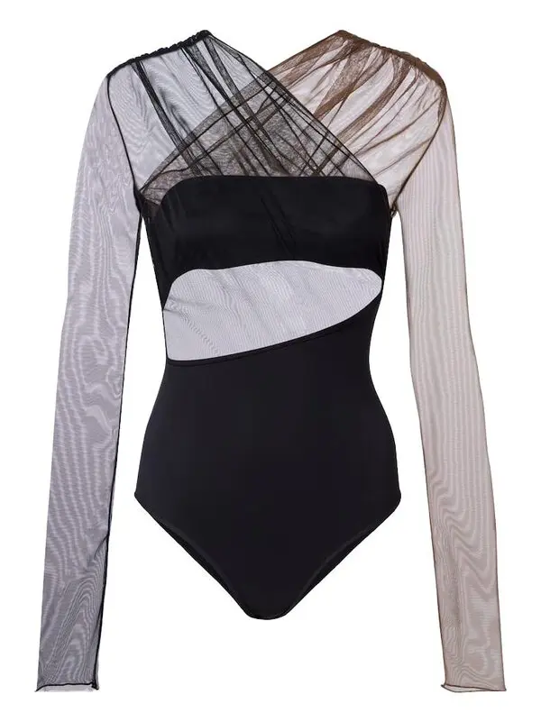NENSI DOJAKA Cutout Ruched Sheer Bodysuit - Black