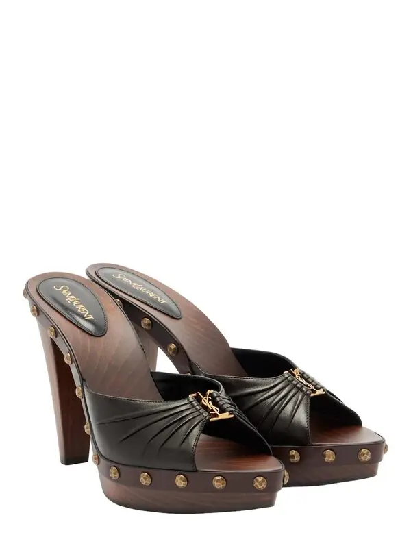 Saint Laurent Babylone Cassandre Leather Platform Mules - Brown