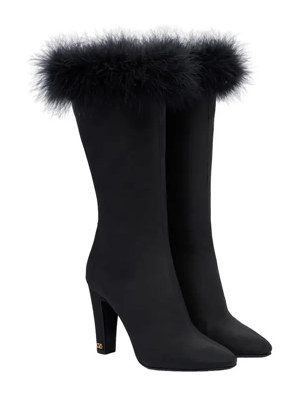 Valentino Garavani Feather-trimmed Knee-high Boots - Black