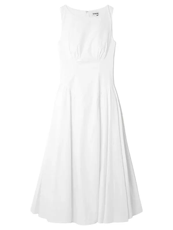 Staud Gwen Paneled Pleated Cotton-blend Poplin Midi Dress - White