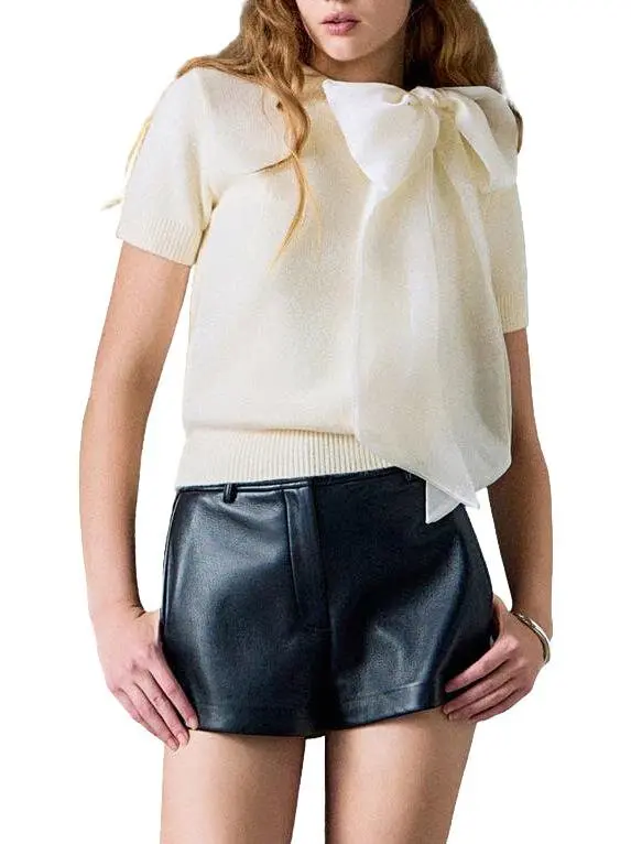 English Factory Bow Accent Short Sleeve Sweater - Cream