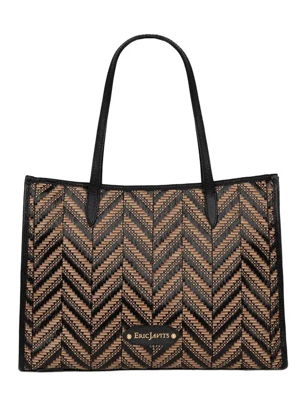 Eric Javits Raffia And Calf Leather Tote Bag – Color, Zip Top Closure, Outer Pocket, Laptop - Black Mix