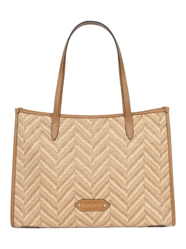 Eric Javits Raffia And Calf Leather Tote Bag – Color, Zip Top Closure, Outer Pocket, Laptop - Peanut