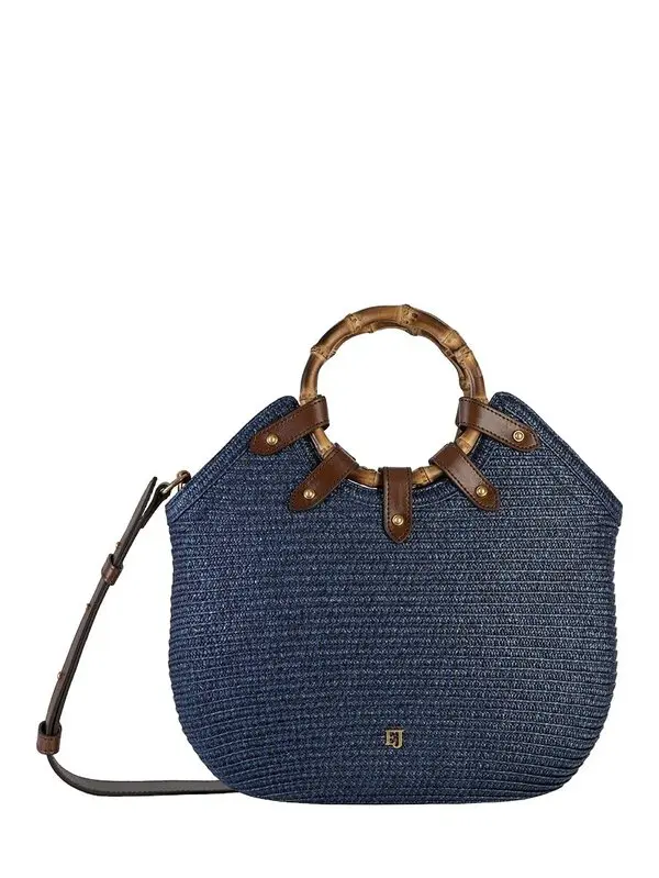 Eric Javits Squishee Straw Bag With Leather Trim And Bamboo Handles - Navy