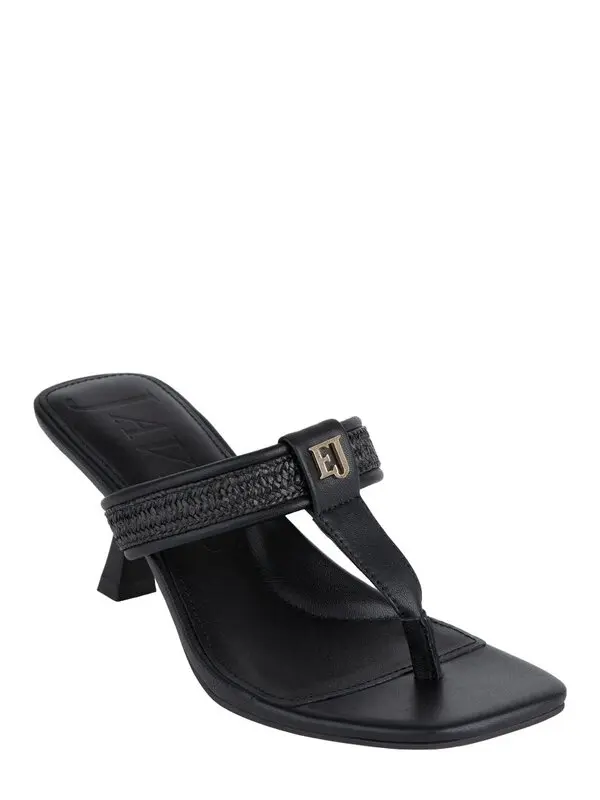 Eric Javits Logo Thong Sandal Color, Raffia Straw With Leather Straps And Gold-toned Logo, Comfortable With Deeply Padded Leather - Black