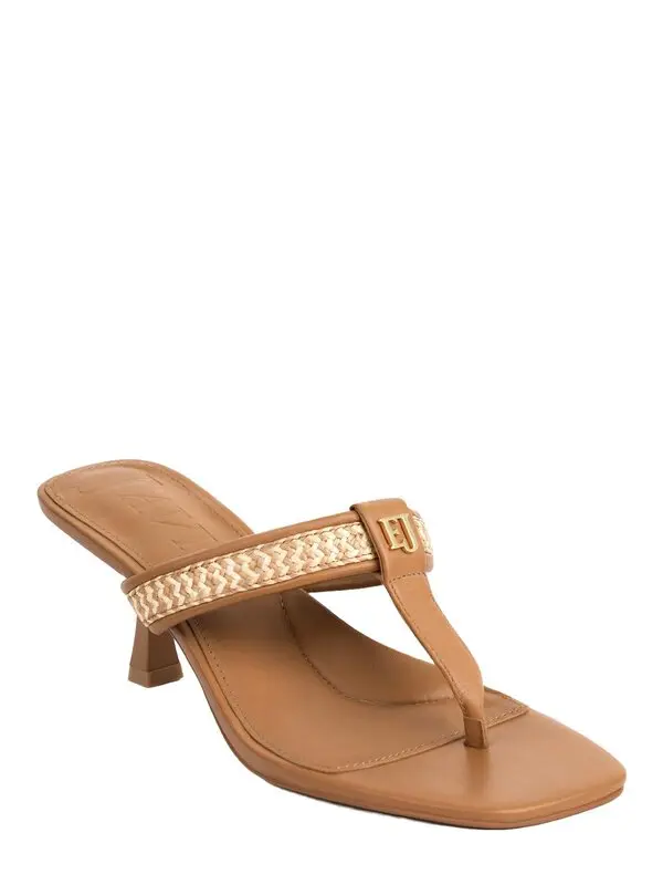 Eric Javits Logo Thong Sandal Color, Raffia Straw With Leather Straps And Gold-toned Logo, Comfortable With Deeply Padded Leather - Peanut