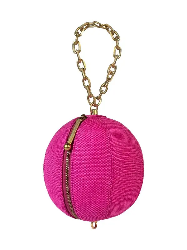 Eric Javits Raffia Straw Wristlet Bag With Gold Chain Handle And Metallic Gold Vegan Leather Interior - Fuchsia