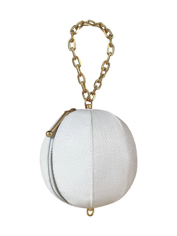 Eric Javits Raffia Straw Wristlet Bag With Gold Chain Handle And Metallic Gold Vegan Leather Interior - White