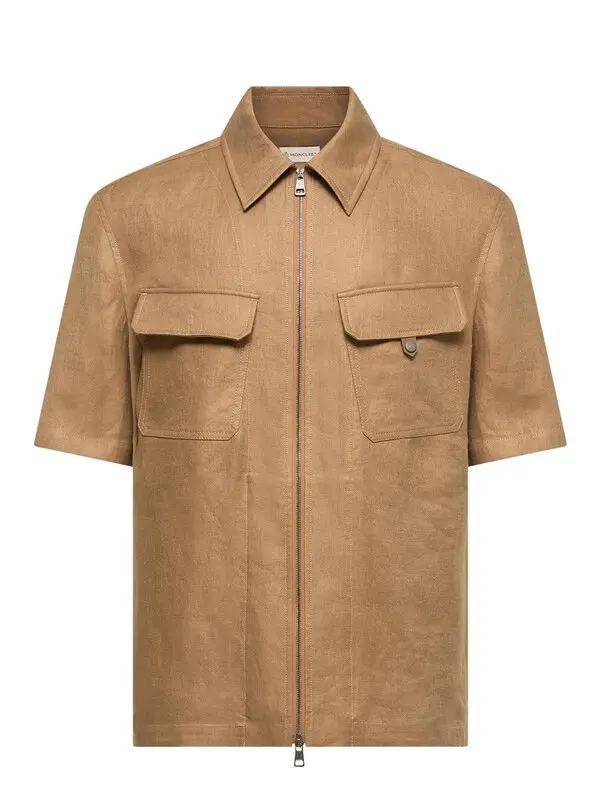 Moncler Linen Twill Short Sleeve Zip-up Shirt - Brown
