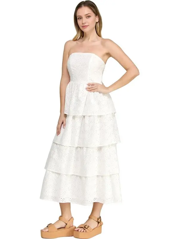 BEAUTY & GRACE Strapless Floral Eyelet Tiered Maxi Dress - White