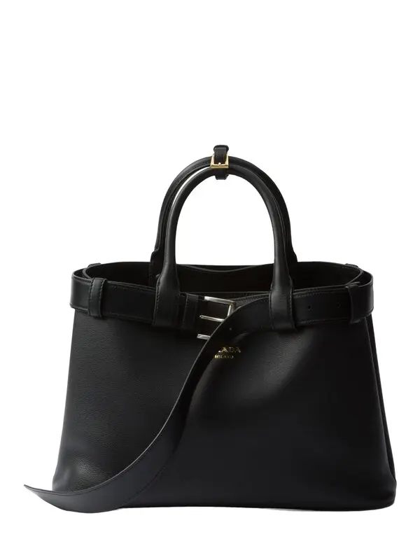 Prada Medium Leather Buckle Tote - Black