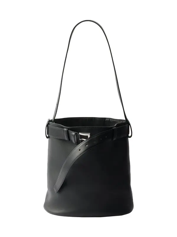 Prada Leather Buckled Bucket Bag - Black