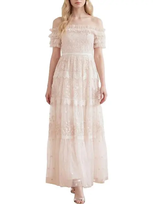 NEEDLE & THREAD Midsummer Lace Off-shoulder Gown - Cream