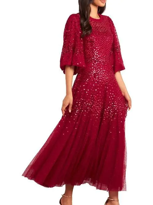 NEEDLE & THREAD Scallop Sequin Maxi Dress - Red