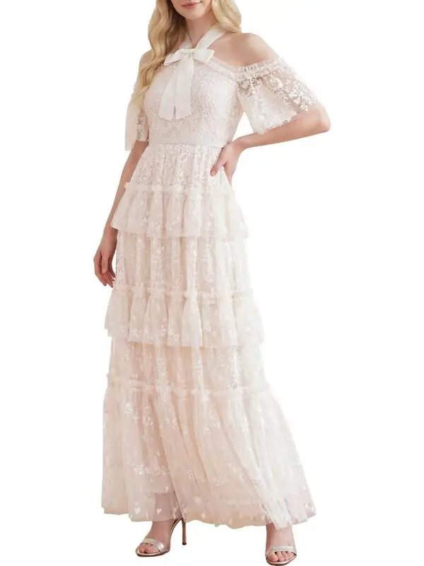 NEEDLE & THREAD Primrose Tiered Maxi Gown With Floral Embroidery And Bow Detail - Cream