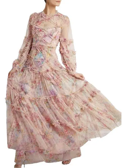 NEEDLE & THREAD Floral Diamond Ruffle Gown - Topaz Pink