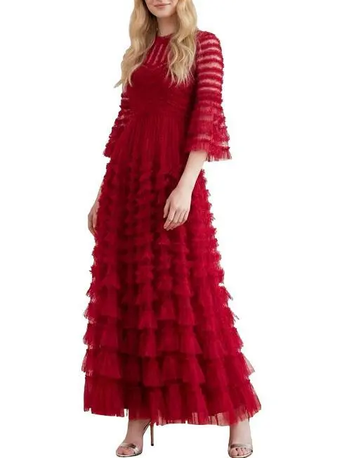 NEEDLE & THREAD La Vie En Rose Round Neck Gown - Deep Red