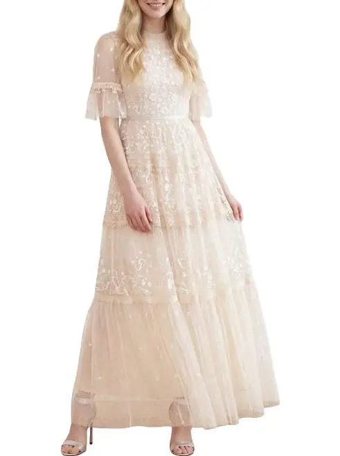 NEEDLE & THREAD Midsummer Lace Round Neck Gown - Champagne