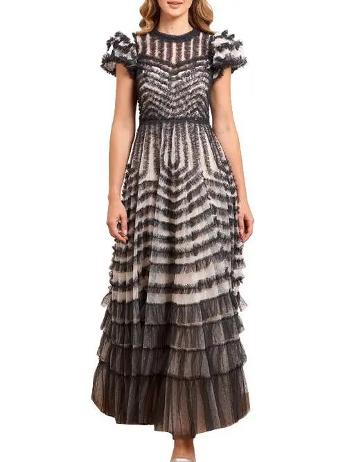 NEEDLE & THREAD La Vie En Rose Round Neck Gown - Cream/graphite