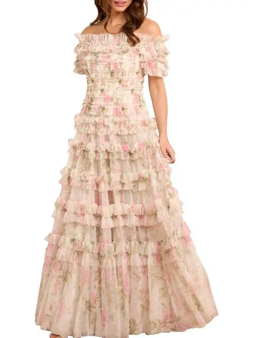 NEEDLE & THREAD Rose Lisette Off-shoulder Gown - Moonshine/pink