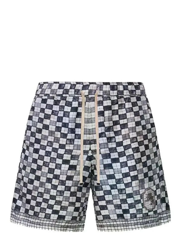 Amiri Watercolor Checkered Silk Drawstring Shorts - Blue