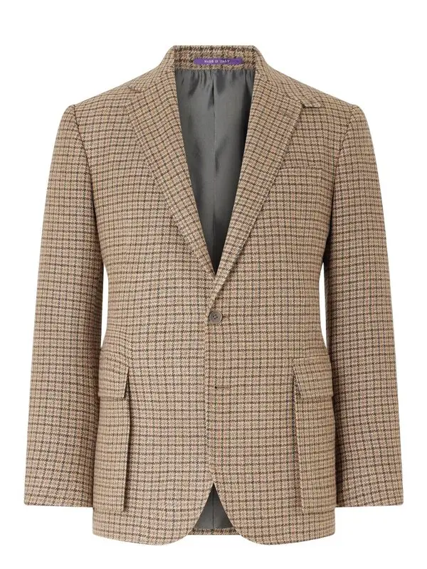 Ralph Lauren Purple Label Kent Suede-trimmed Checked Linen And Wool-blend Blazer - Brown
