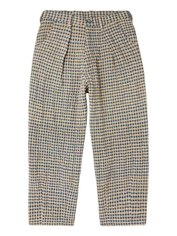 STORY MFG. Lush Barrel-leg Pleated Checked Organic Cotton Trousers - Brown
