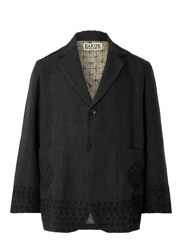KARTIK RESEARCH Kasuti Embroidered Wool And Linen-blend Blazer - Black