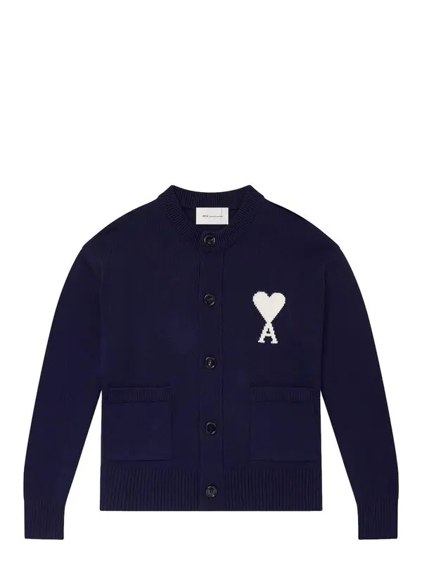 Ami Logo-intarsia Virgin Wool And Cotton-blend Cardigan - Blue
