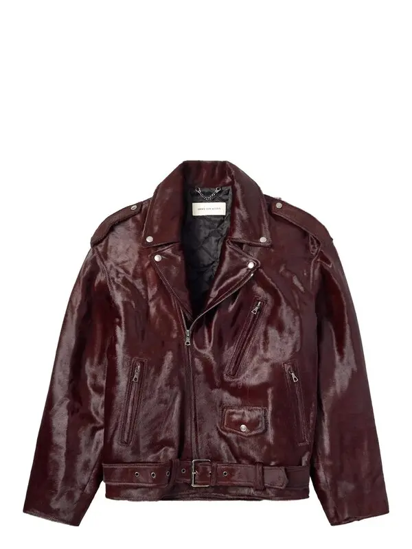 Dries Van Noten Belted Calf Hair Biker Jacket - Burgundy