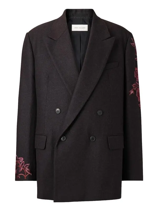 Dries Van Noten Double-breasted Embroidered Wool-flannel Blazer - Brown