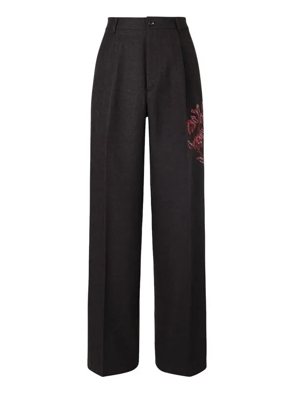 Dries Van Noten Wide-leg Pleated Embroidered Wool-flannel Trousers - Brown