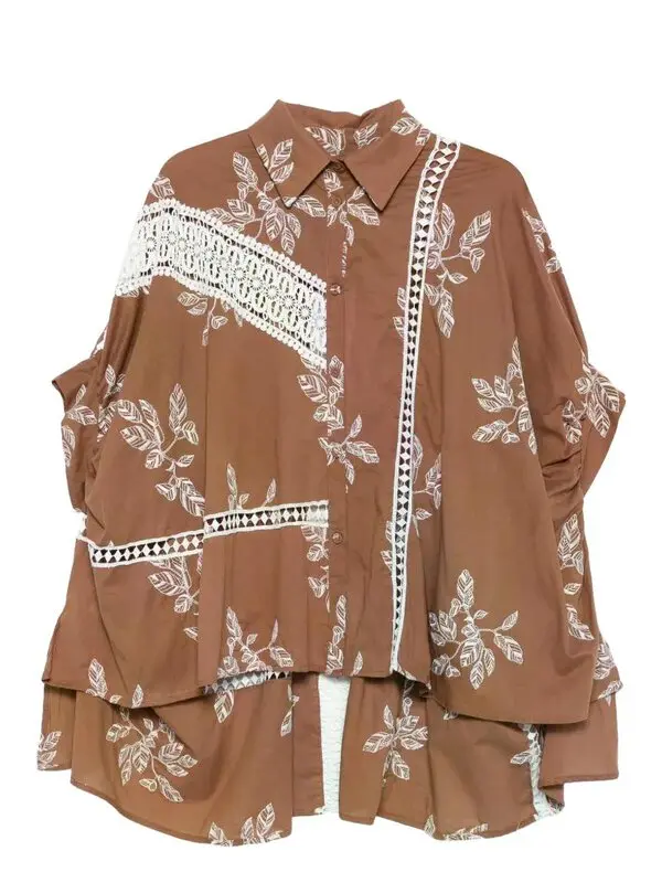BYE Floral-print Lace-detail Shirt - Brown