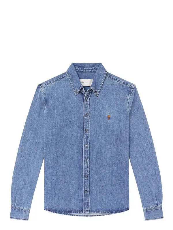 Ami Button-down Collar Logo-embroidered Denim Shirt - Blue