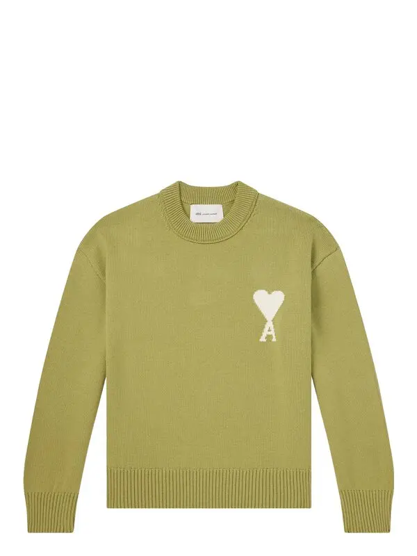 Ami Intarsia Virgin Wool And Cotton-blend Sweater - Green