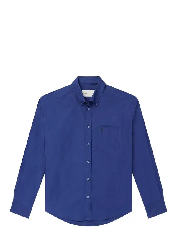 Ami Button-down Collar Logo-embroidered Cotton-poplin Shirt - Blue