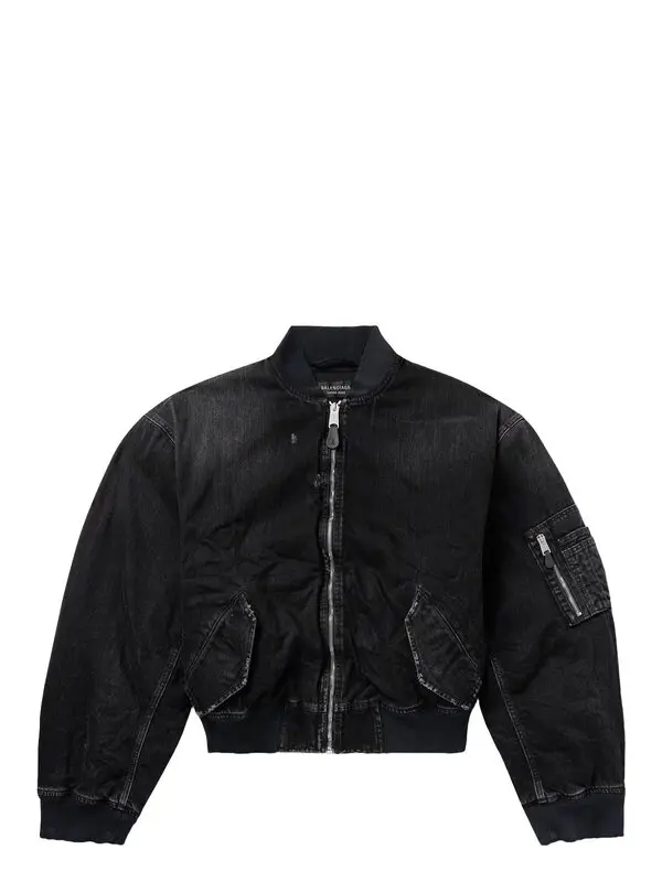 Balenciaga Distressed Denim Bomber Jacket - Black