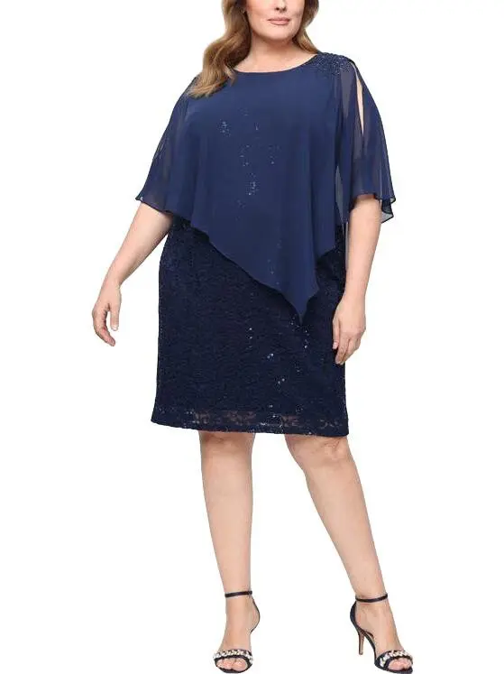 SL FASHIONS Chiffon Capelet Floral Lace Cocktail Dress - New Navy