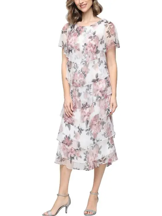 SL FASHIONS Tiered Floral Shimmer Midi Dress - Ivory/pink