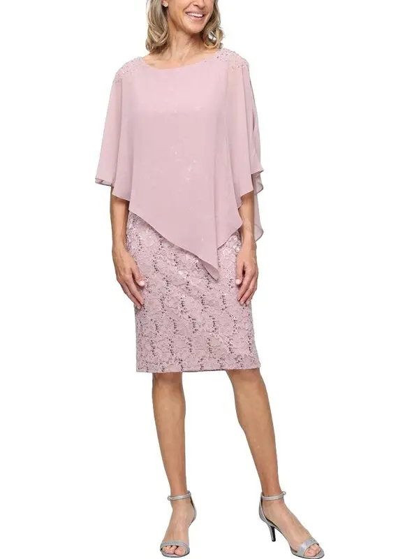 SL FASHIONS Chiffon Capelet Floral Lace Cocktail Dress - Blush