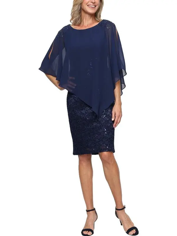 SL FASHIONS Chiffon Capelet Floral Lace Cocktail Dress - New Navy