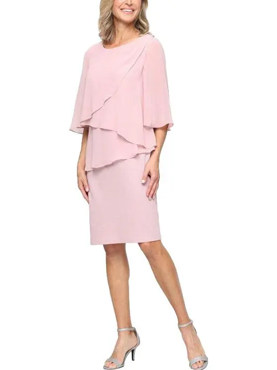 SL FASHIONS Tiered Glitter Chiffon Sheath Dress - Blush